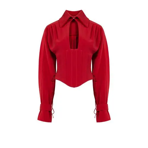 PCFG Wool Blend Corset Blouse With Shirt Style Top - Red