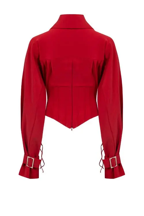 PCFG Wool Blend Corset Blouse With Shirt Style Top - Red