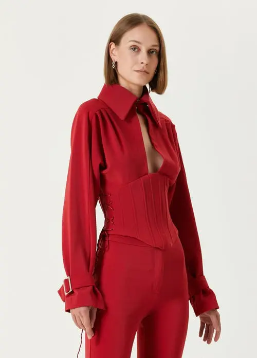 PCFG Wool Blend Corset Blouse With Shirt Style Top - Red