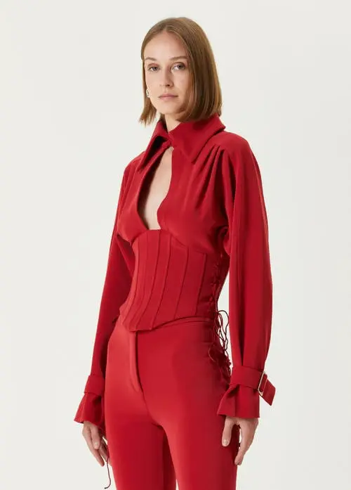 PCFG Wool Blend Corset Blouse With Shirt Style Top - Red