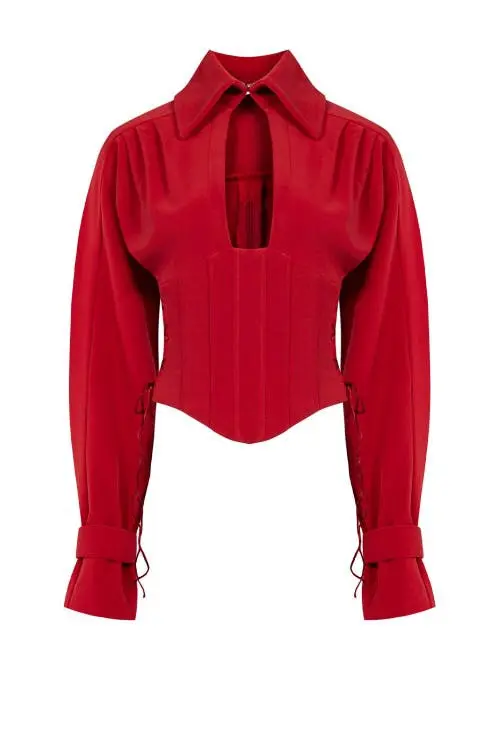 PCFG Wool Blend Corset Blouse With Shirt Style Top - Red