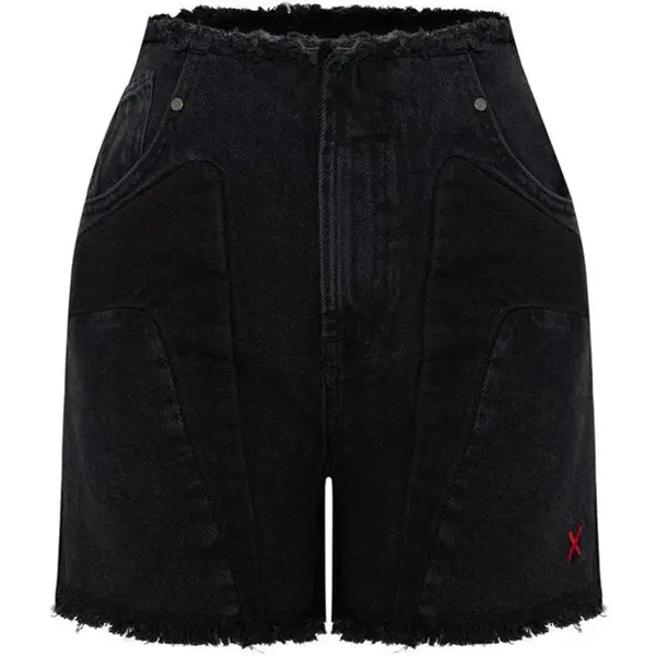 PCFG High Waist Denim Shorts With Frayed Hem - Black