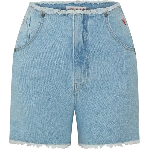 PCFG High Waist Denim Shorts With Frayed Hem - Blue