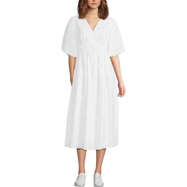 LANDS' END Puff Sleeve Smocked Waist V-neck Dress - White