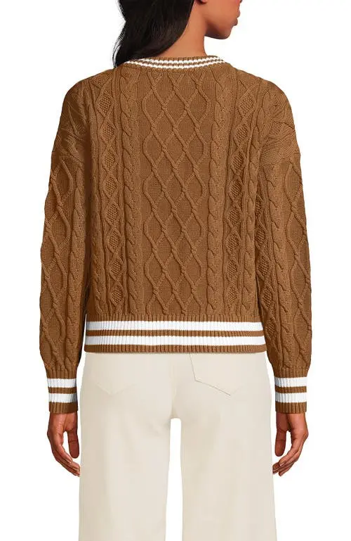 LANDS' END Drifter Cable V-neck Sweater - Canyon Camel/ivory Tipping