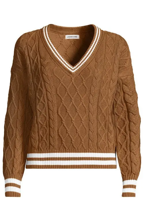 LANDS' END Drifter Cable V-neck Sweater - Canyon Camel/ivory Tipping