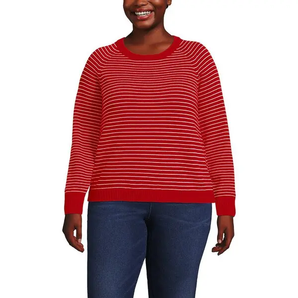 LANDS' END Drifter Raglan Pointelle Crew Neck Sweater - Compass Red/ivory Mini Stripe