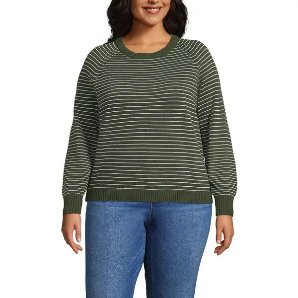 LANDS' END Drifter Raglan Pointelle Crew Neck Sweater - Green/pale Sky Mini Stripe