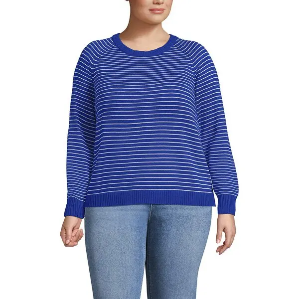 LANDS' END Drifter Raglan Pointelle Crew Neck Sweater - Lapis/ivory Mini Stripe
