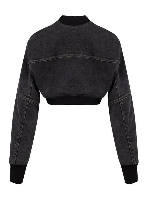 PCFG Cropped Denim Bomber Jacket With Elasticated Hem