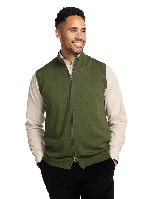 PAUL FREDRICK Cotton Full Zip Mock Neck Vest - Olive