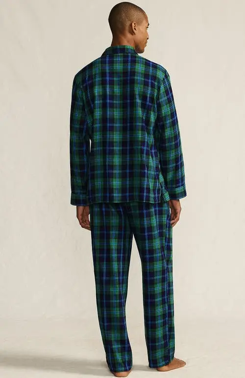 LANDS' END Flannel 3 Piece Pajama Set - Light Emerald Blackwatch