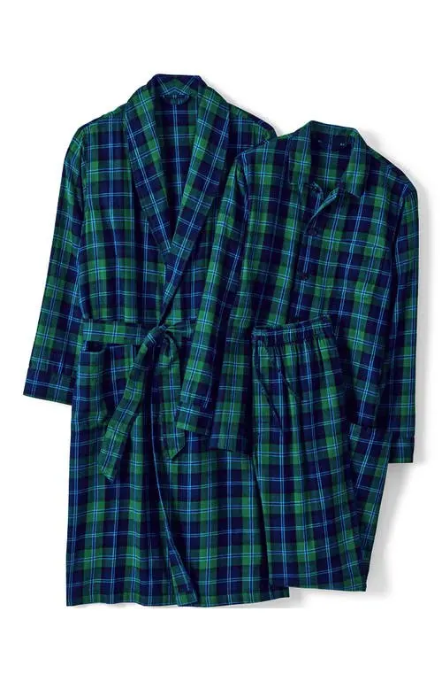LANDS' END Flannel 3 Piece Pajama Set - Light Emerald Blackwatch