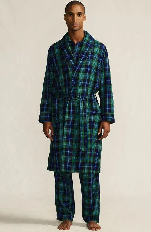 LANDS' END Flannel 3 Piece Pajama Set - Light Emerald Blackwatch