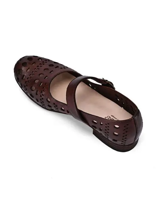 OLD TREND Retro Genuine Leather Cutout Mary Jane Flats - Coffee