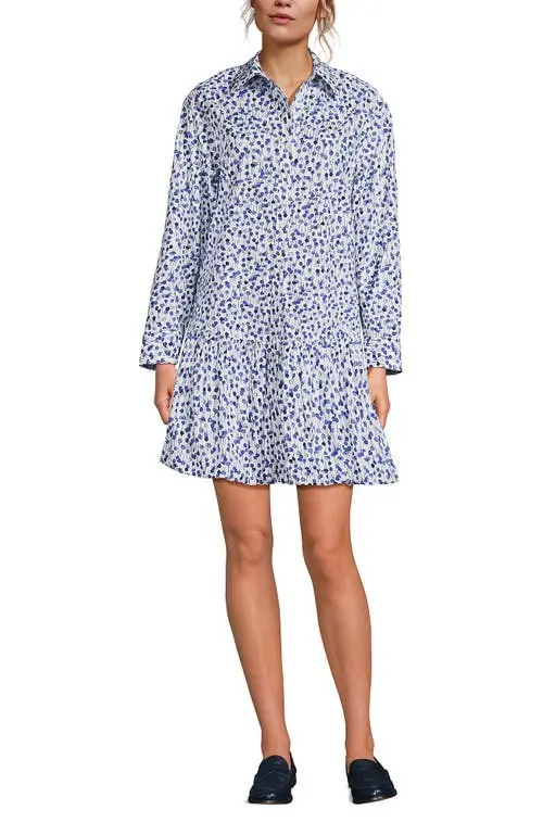 LANDS' END Flounce Hem Button-front Shirt Dress - Blue Floral/white