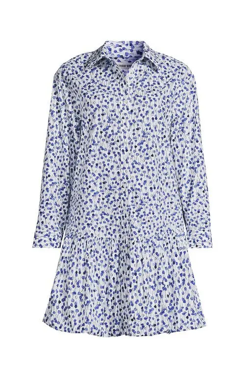 LANDS' END Flounce Hem Button-front Shirt Dress - Blue Floral/white