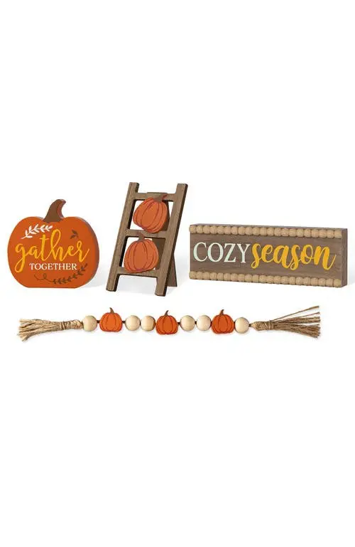 GLITZHOME Set Of 4 Fall Wooden Word Signs Tiered Tray Table Decor - Orange