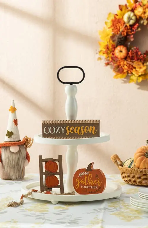 GLITZHOME Set Of 4 Fall Wooden Word Signs Tiered Tray Table Decor