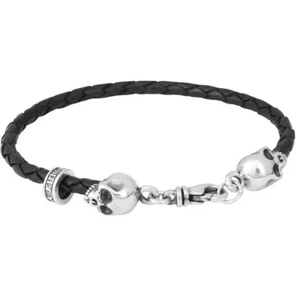 KING BABY STUDIO Thin Braided Leather Skull Bracelet - Silver