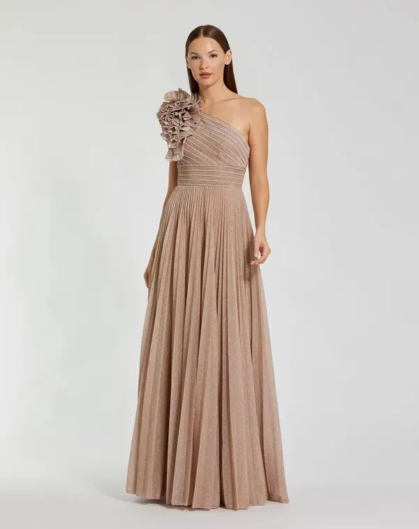 Mac Duggal Pleated Metallic One Shoulder Gown With Ruffle - Pink