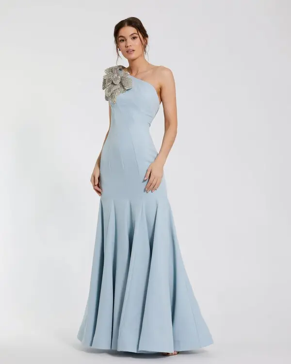 Mac Duggal Petite Crepe One-shoulder Mermaid Gown With Embellished Flower - Blue