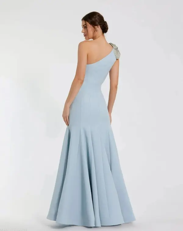 Mac Duggal Petite Crepe One-shoulder Mermaid Gown With Embellished Flower - Blue