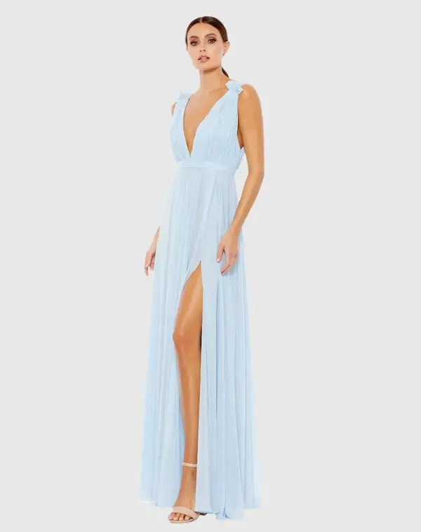 Mac Duggal Petite Pleated Chiffon Sleeveless V-neck Gown - Blue