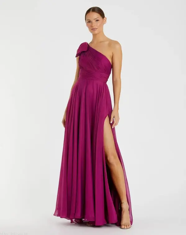 Mac Duggal Petite Sleeveless One Shoulder Pleated Gown - Purple