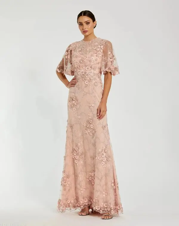 Mac Duggal Petite Flutter Sleeve Floral Embroidered Net Gown - Pink