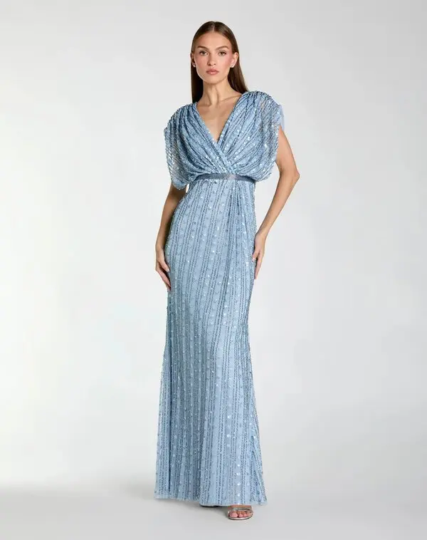 Mac Duggal Embellished Blouson V-neck Column Gown - Blue