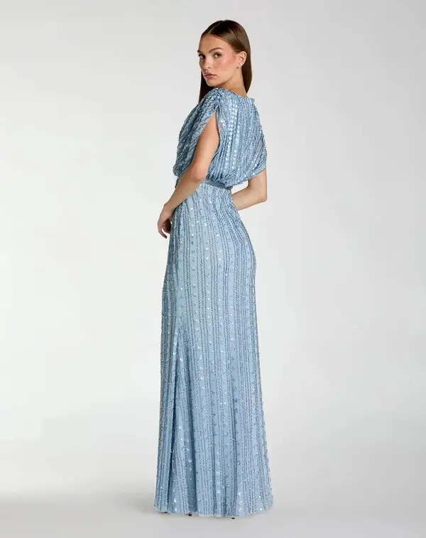 Mac Duggal Embellished Blouson V-neck Column Gown - Blue
