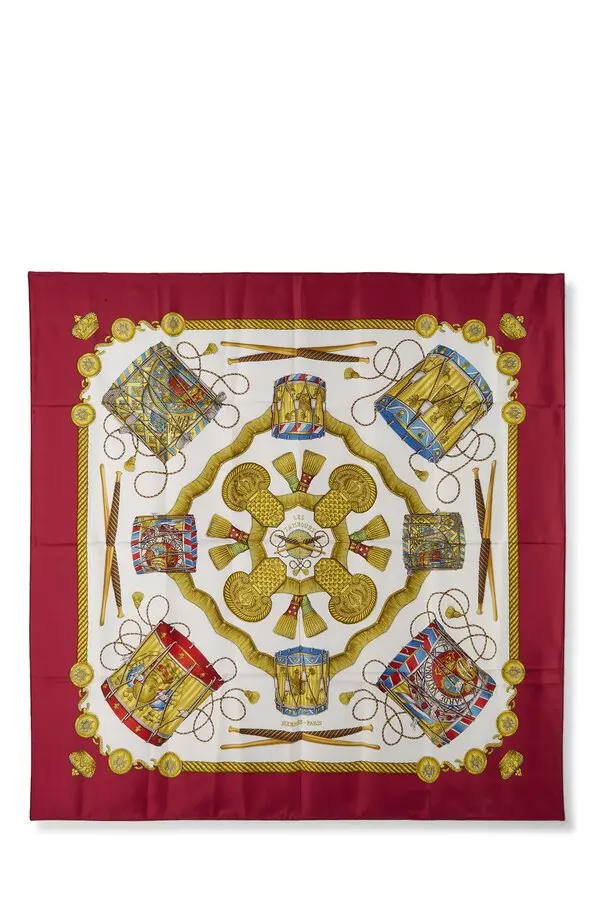 Hermès Multicolor 'les Tambours' Silk Scarf 90 - Burgundy