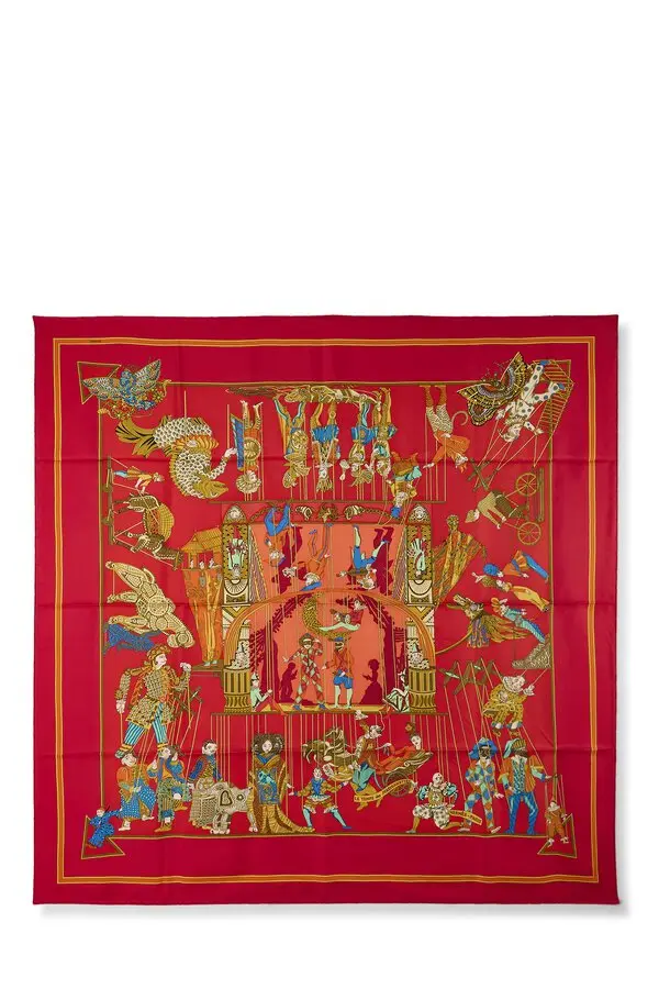 Hermès Multicolor 'le Temps Des Marionnettes' Silk Scarf 90 - Red