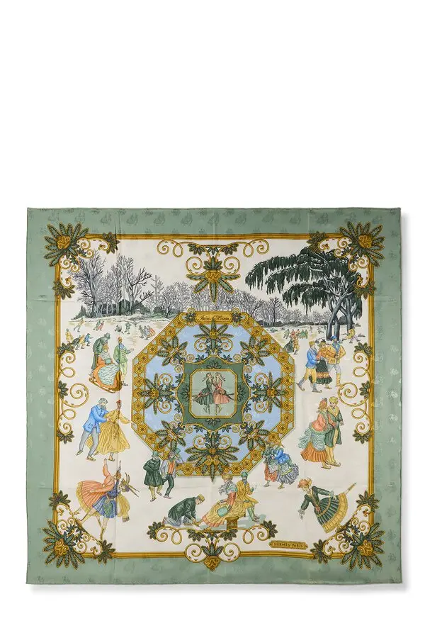 Hermès Multicolor 'joies D'hiver' Silk Scarf 90 - Green