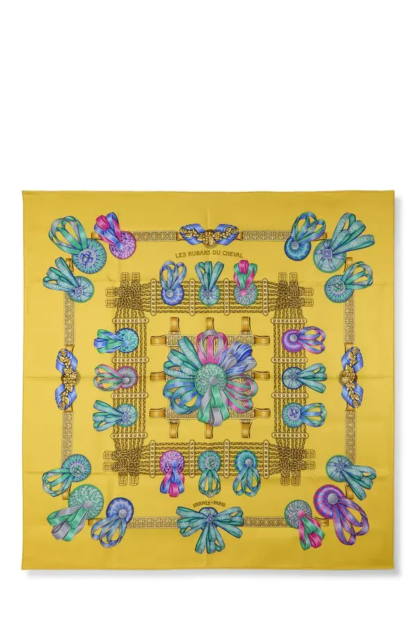 Hermès Multicolor 'les Rubans Du Cheval' Silk Scarf 90 - Yellow