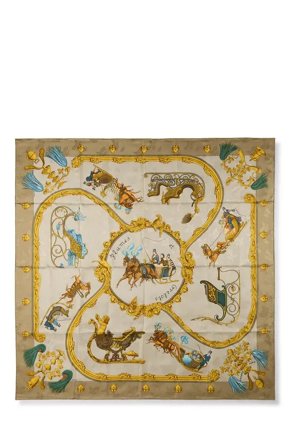 Hermès Multicolor 'plumes Et Grelots' Silk Scarf 90 - Beige