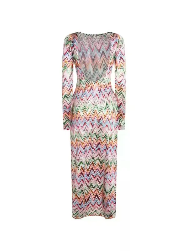 Missoni Long-sleeved Stretch Viscose Dress With Zigzag Motif - Neutrals