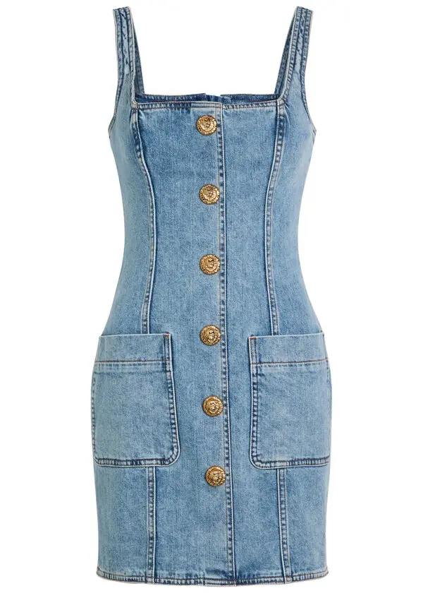 Balmain Button-embellished Stretch-denim Mini Dress - Light Blue