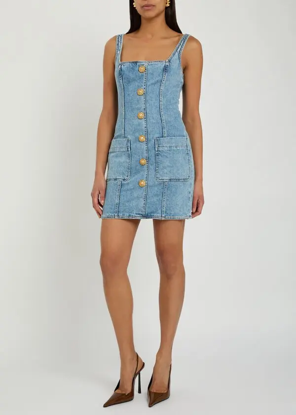 Balmain Button-embellished Stretch-denim Mini Dress