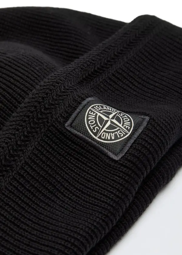 Stone Island Compass Logo Ribbed Cotton-knit Beanie - Black