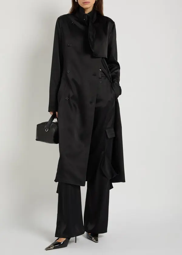 COURREGES Double-breasted Satin Trench Coat - Black