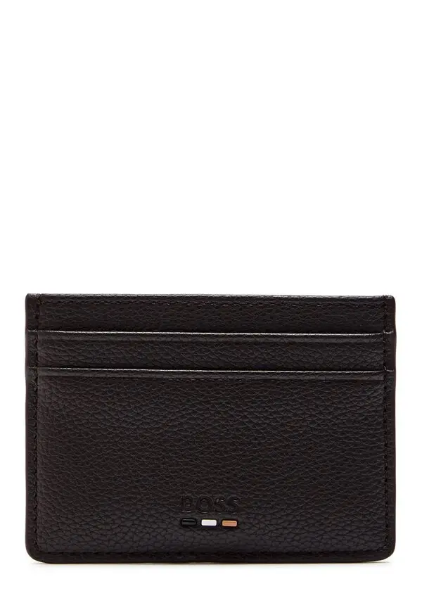 BOSS Ray Logo Grained Leather Card Holder - Dark Brown