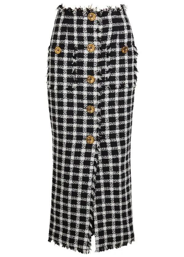 Balmain Checked Tweed Midi Skirt
