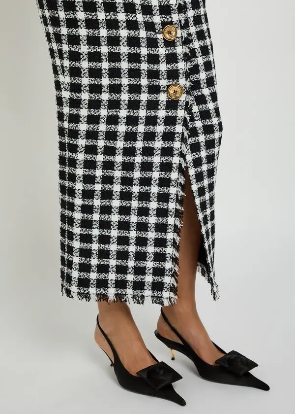 Balmain Checked Tweed Midi Skirt