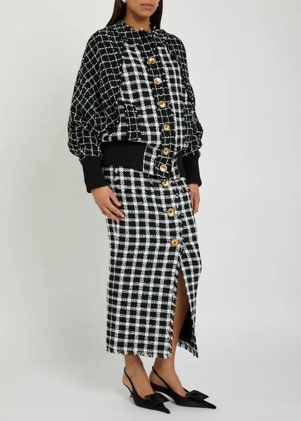 Balmain Checked Tweed Midi Skirt