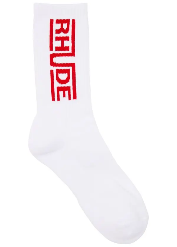 Rhude Champions Logo Stretch-cotton Socks - White And Red
