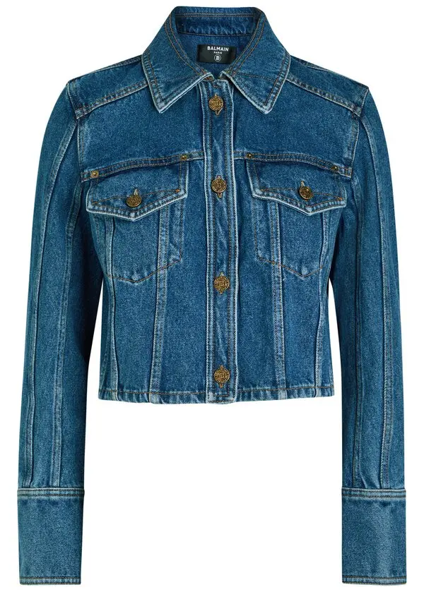 Balmain Cropped Denim Jacket - Dark Blue