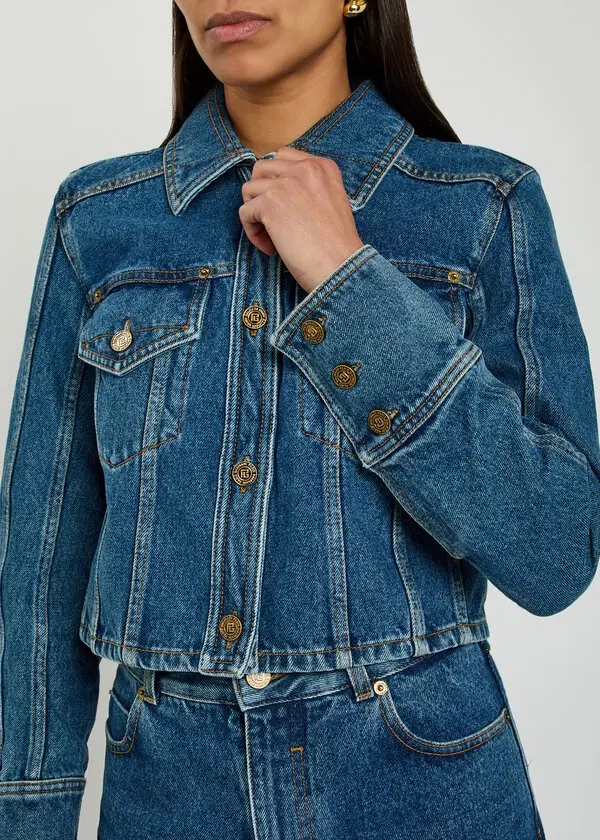 Balmain Cropped Denim Jacket - Dark Blue