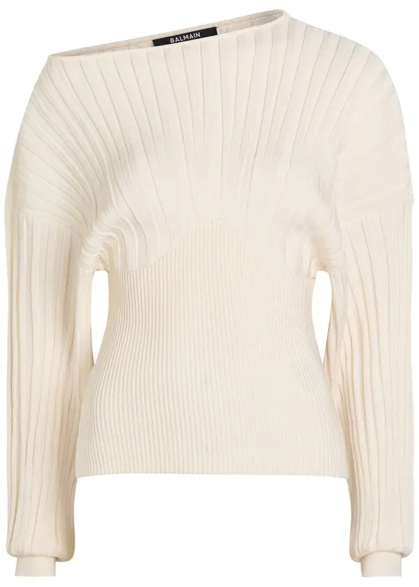 Balmain Ribbed Batwing Knit Top - Natural